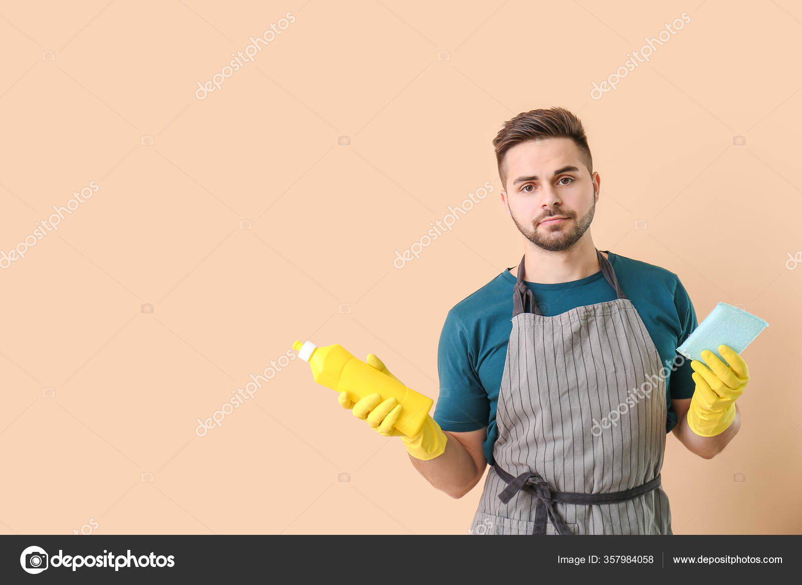 Young Man Detergent Rag Color Background Stock Photo by ©serezniy 357984058