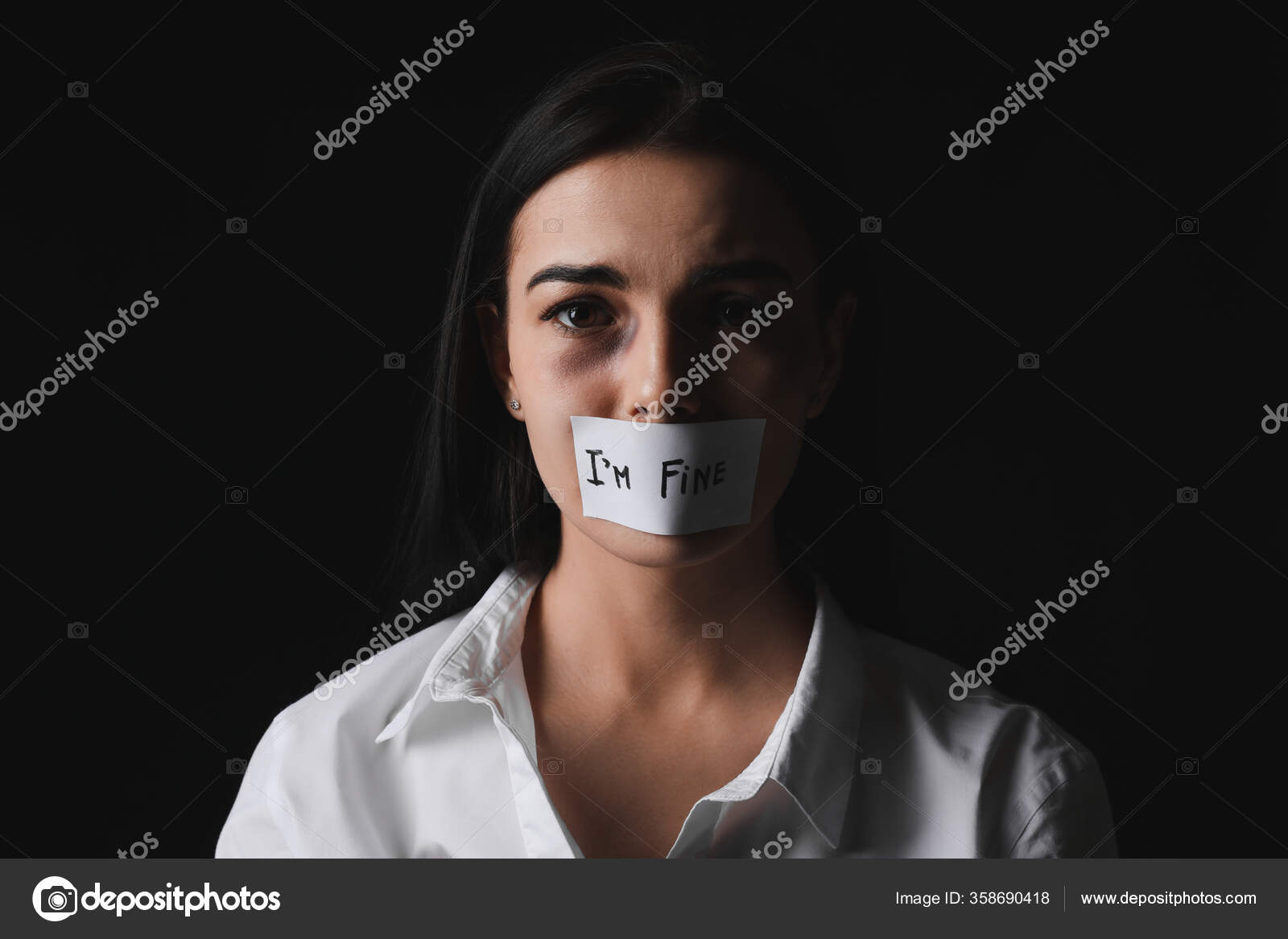 Scared Female Victim Taped Mouth Dark Background Concept Violence ...