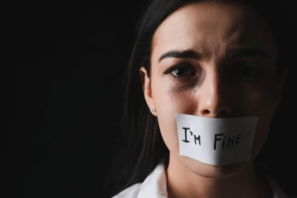 Scared Female Victim Taped Mouth Dark Background Concept Violence ...