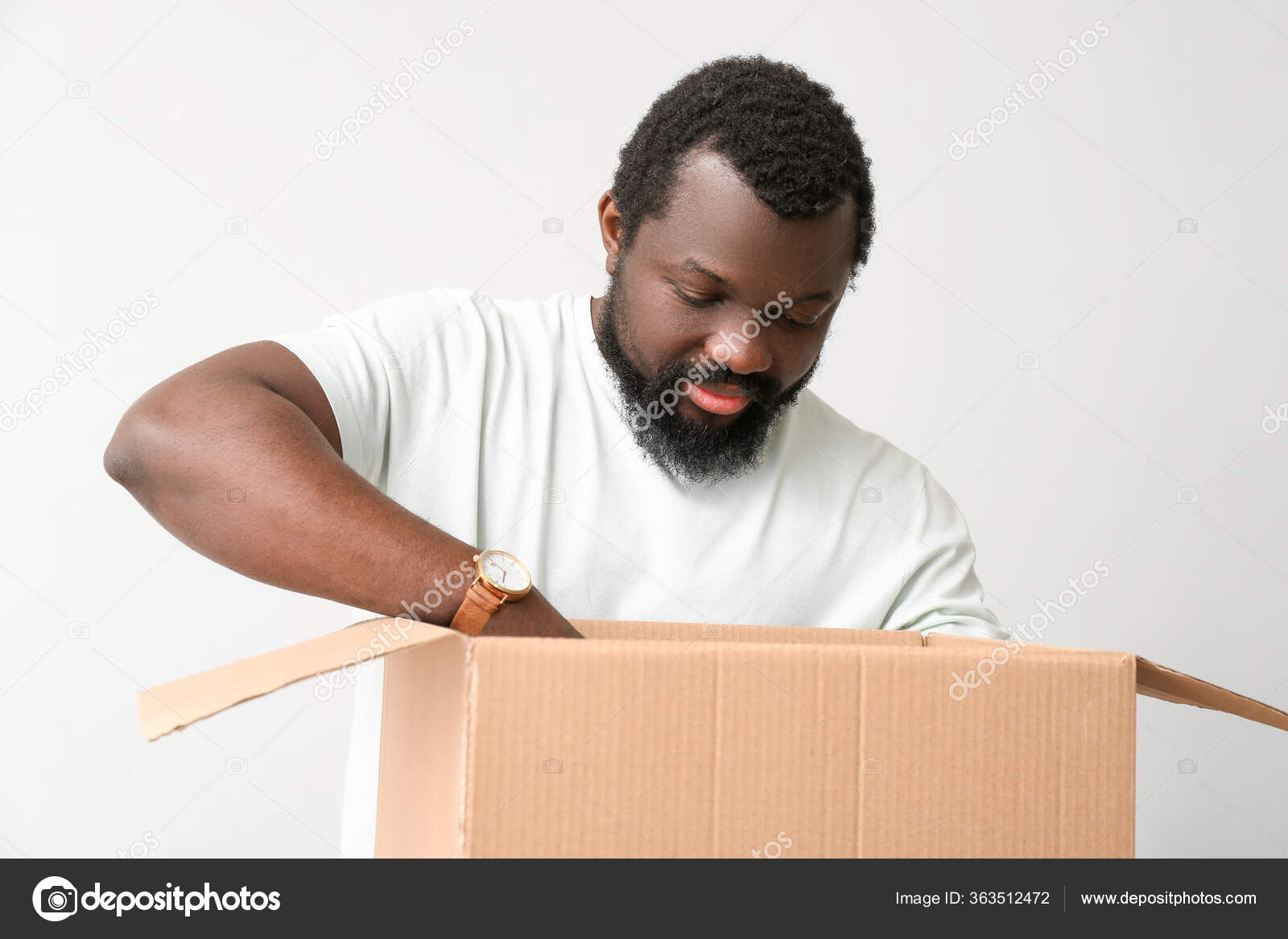 African American Man Opening Box White Background — Stock Photo ...