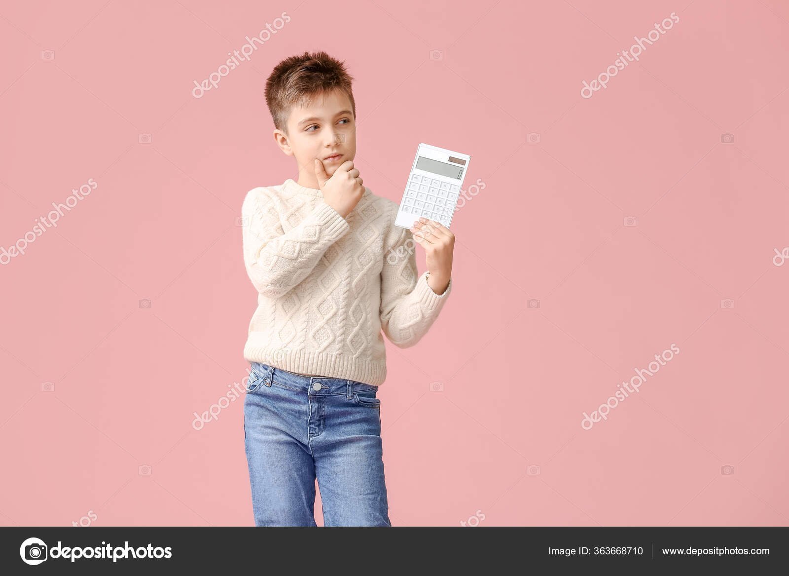 Thoughtful Little Boy Calculator Color Background — Stock Photo ...