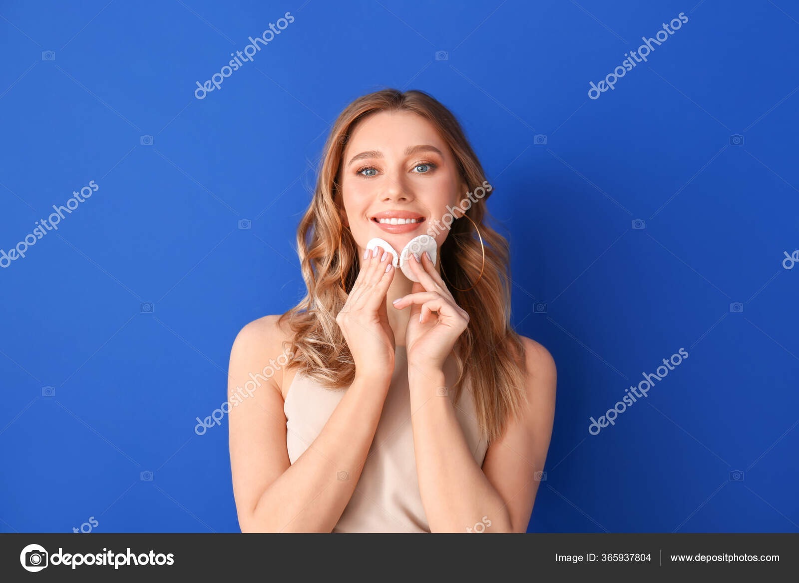 Beautiful Young Woman Removing Makeup Color Background — Stock Photo ...