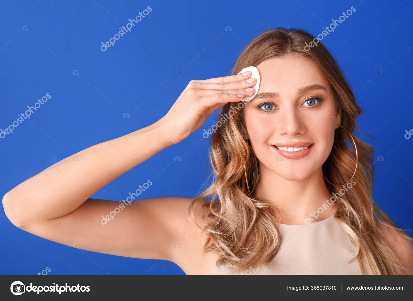 Beautiful Young Woman Removing Makeup Color Background — Stock Photo ...
