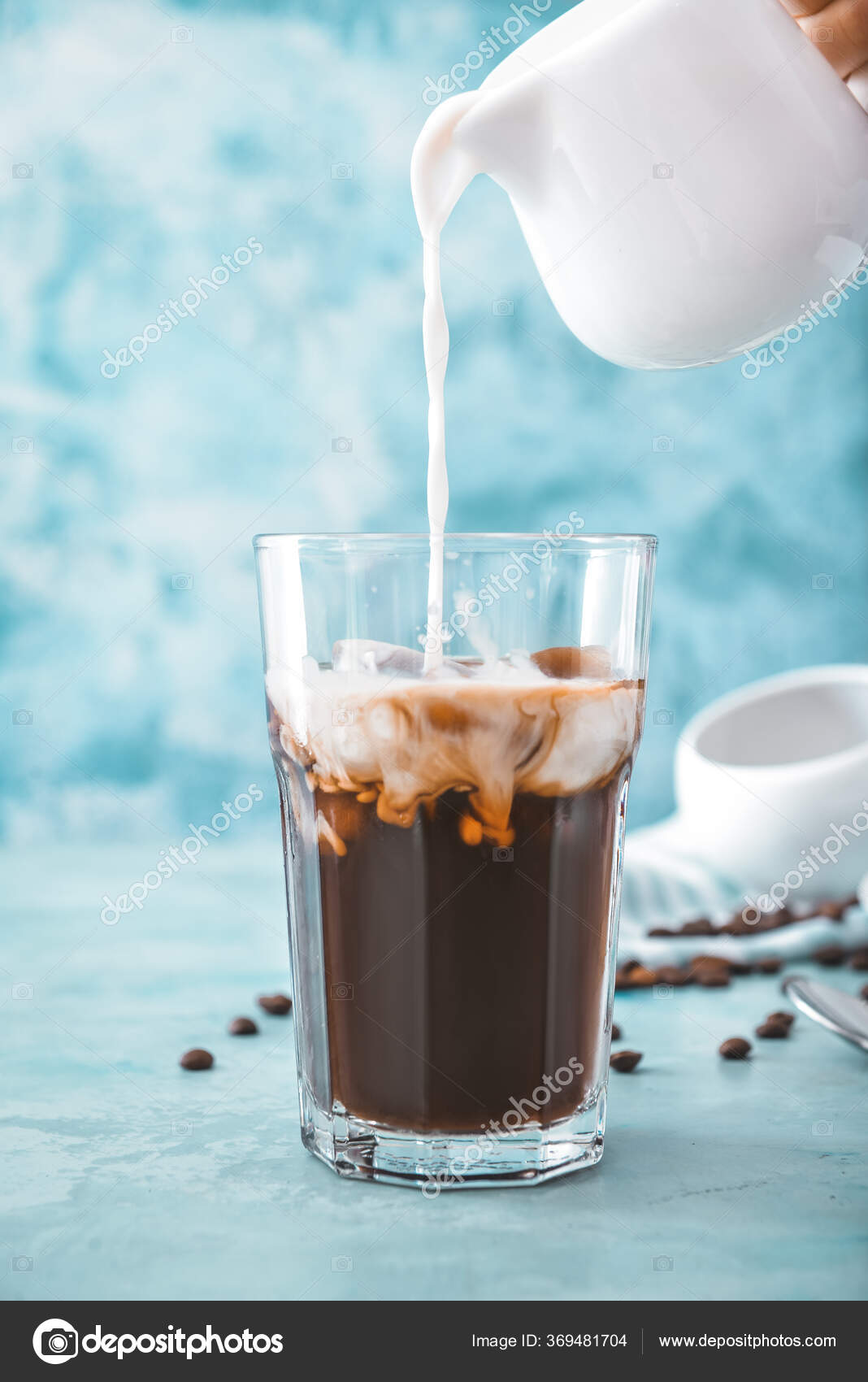 Pouring Milk Cold Coffee Glass Color Background — Stock Photo ...