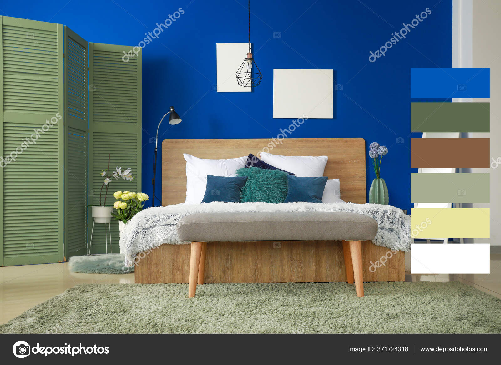 Interior Modern Bedroom Blue Wall Different Color Patterns Stock Photo ...