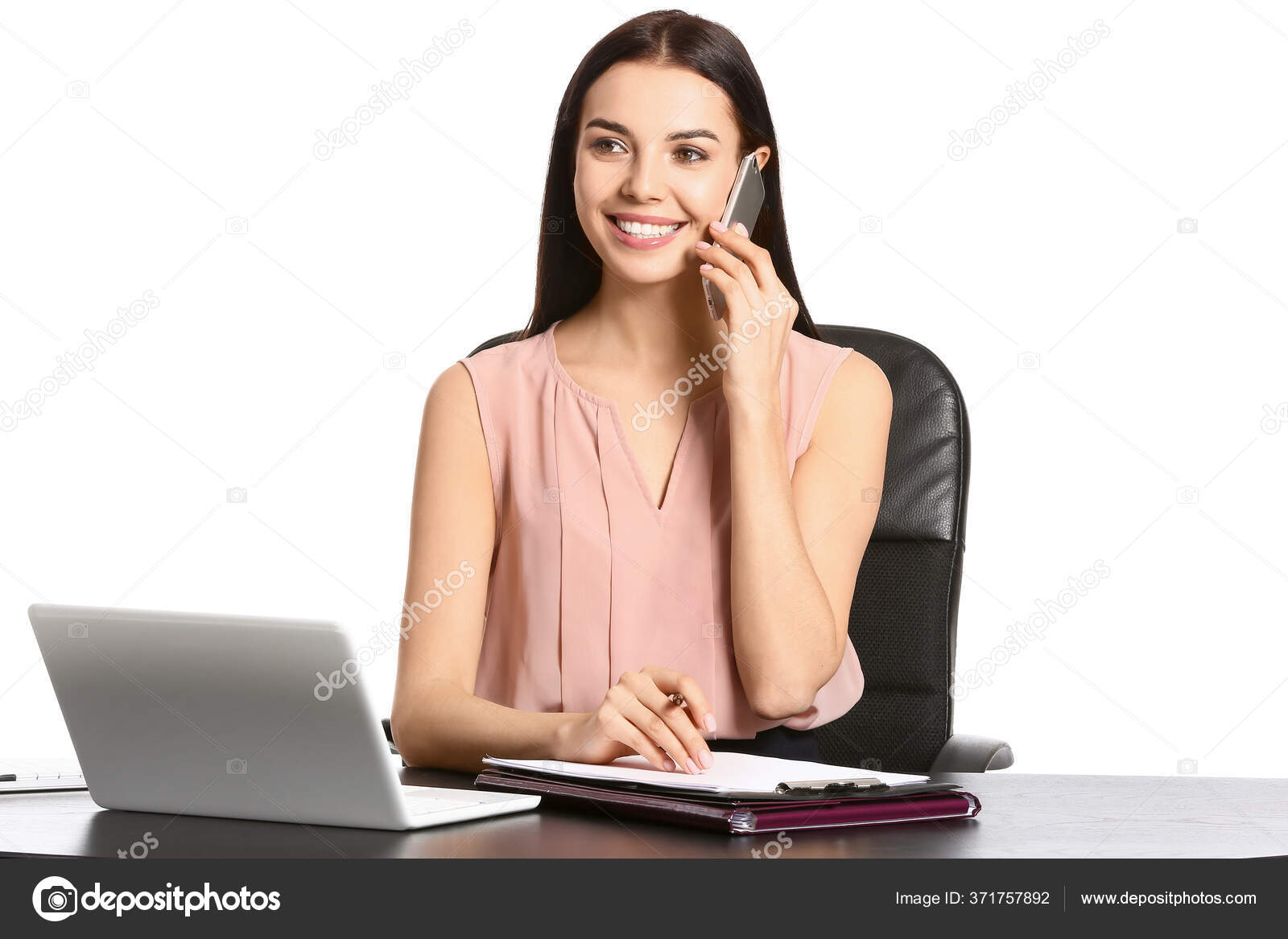 Beautiful Young Secretary Talking Phone Table White Background Stock ...