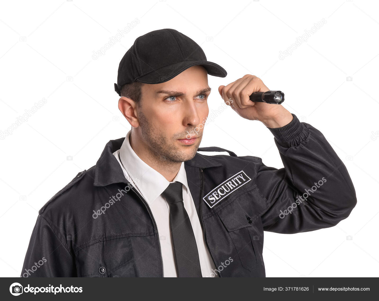 Male Security Guard Flashlight White Background Stock Photo by ...