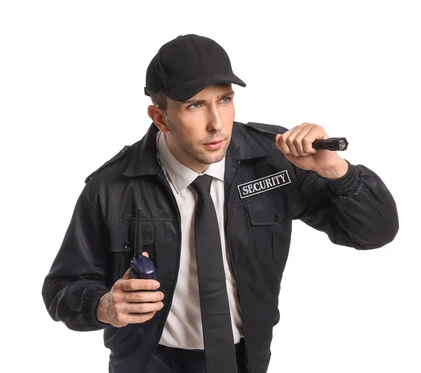 Male Security Guard Flashlight White Background Stock Photo by ...