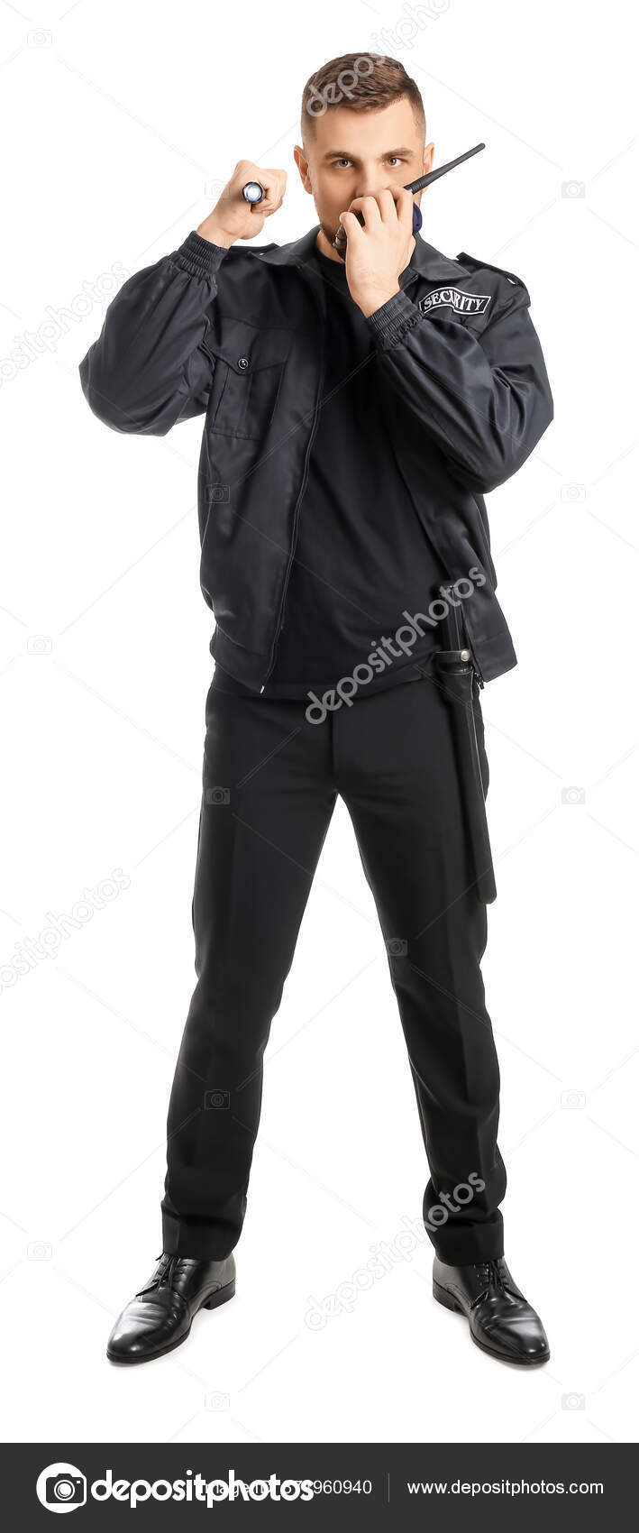 Male Security Guard Flashlight White Background Stock Photo by ...