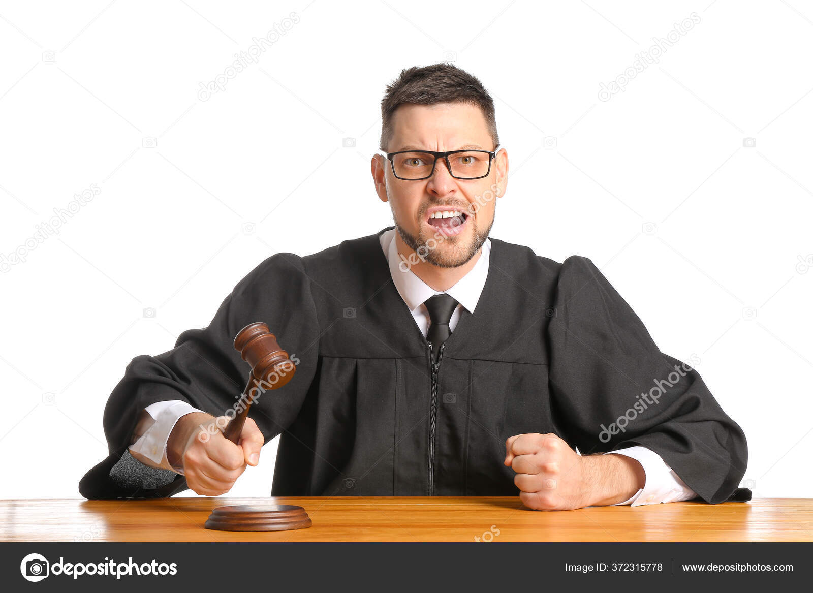 Angry Male Judge Table White Background — Stock Photo © serezniy #372315778