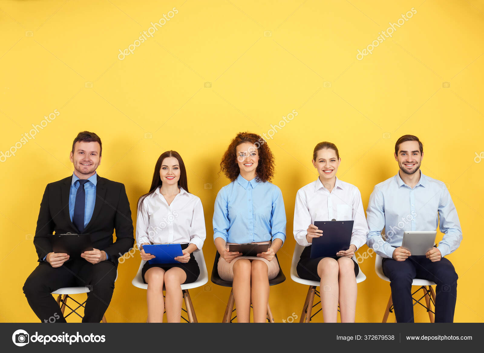 Group People Waiting Job Interview Yellow Wall Background — Stock Photo ...