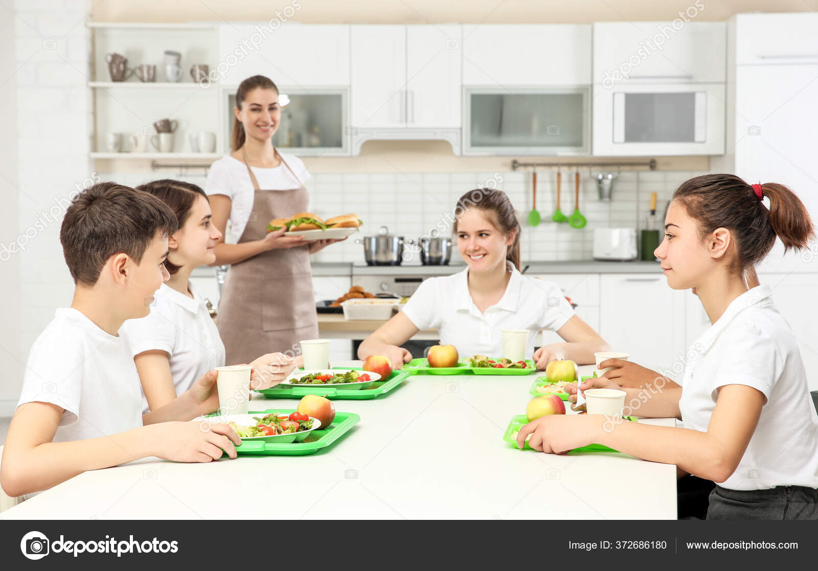 Children Sitting Table School Cafeteria While Eating Lunch Stock Photo ...