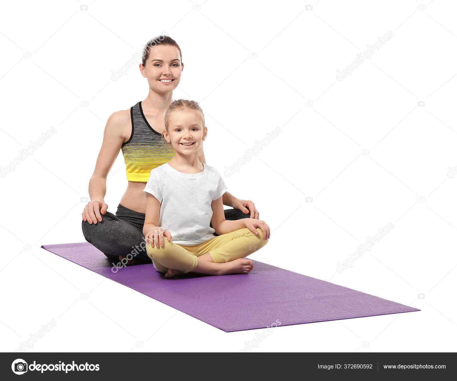 Mother Daughter Doing Exercise White Background Stock Photo by ...