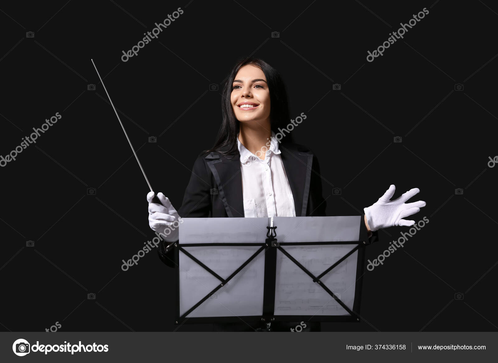 Young Female Conductor Dark Background — Stock Photo © serezniy #374336158