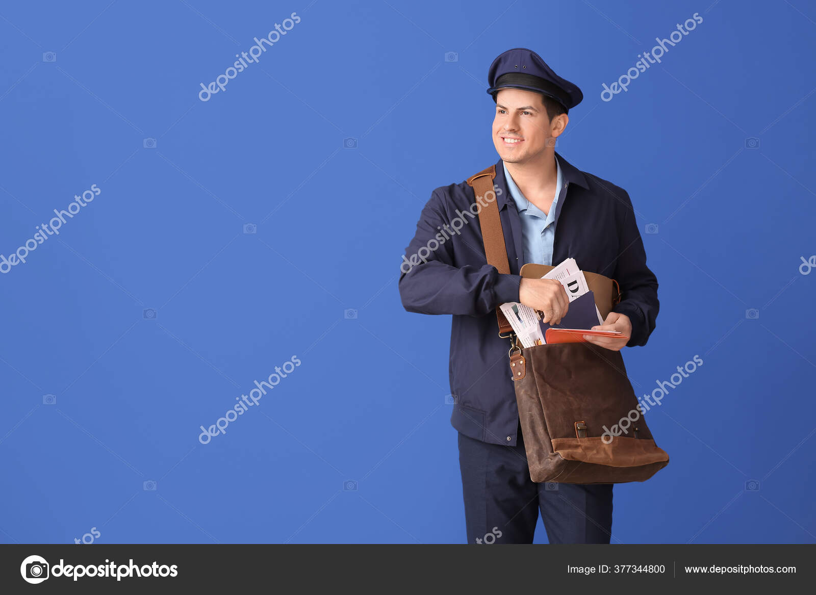 Handsome Young Postman Color Background — Stock Photo © serezniy #377344800