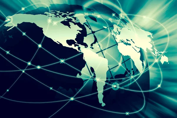 World map on a technological background, glowing lines symbols of the ...