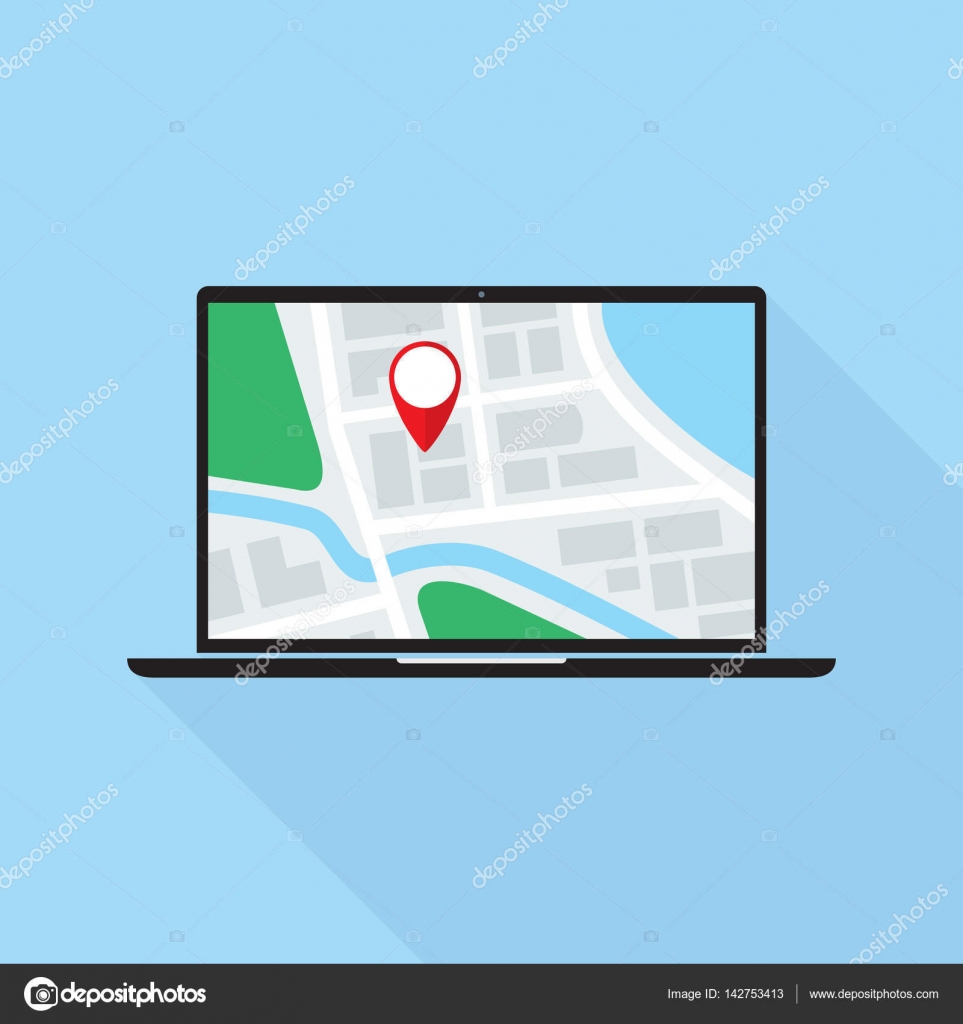 Map Application on Laptop PC Monitor Flat Design Icon Stock Vector ...