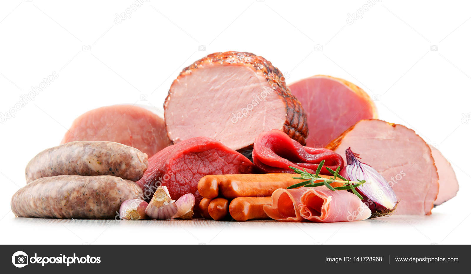 Meat products including ham and sausages isolated on white Stock Photo ...