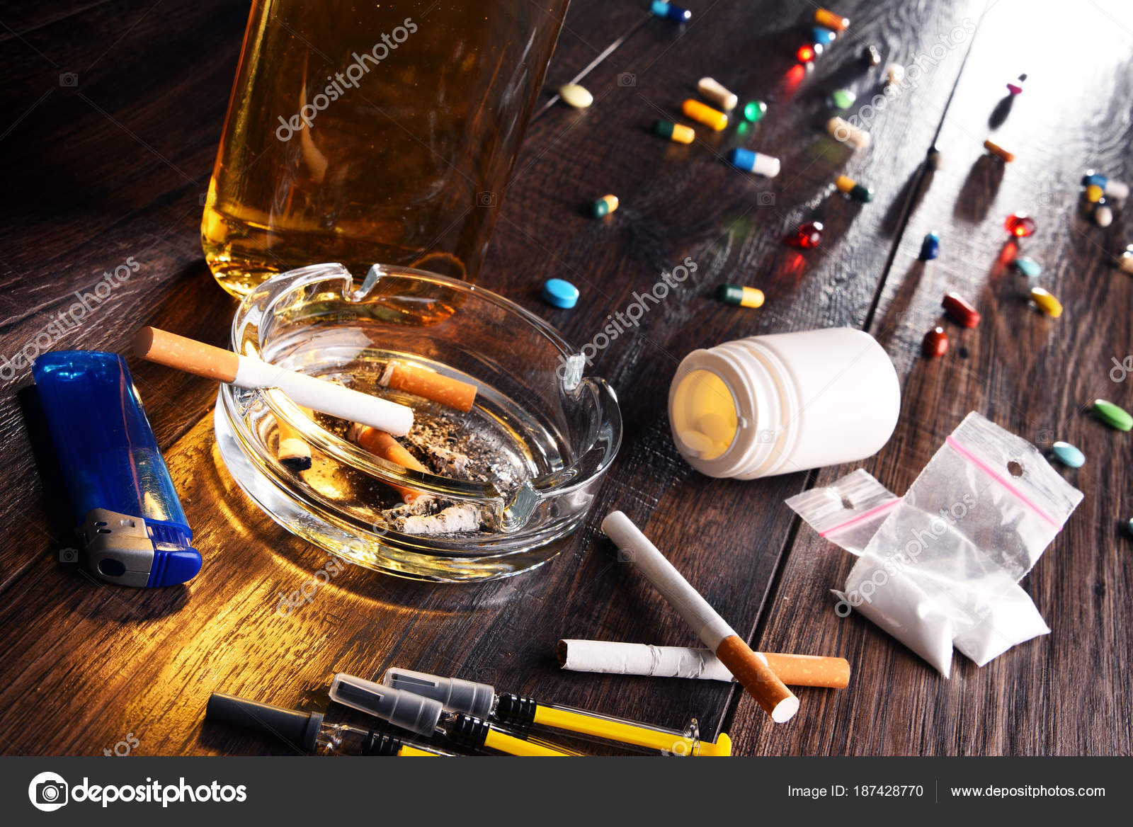 Addictive substances, including alcohol, cigarettes and drugs — Stock ...