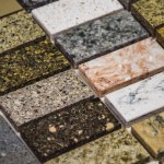 Colorful samples of natural stone in different sizes used as a kitchen ...