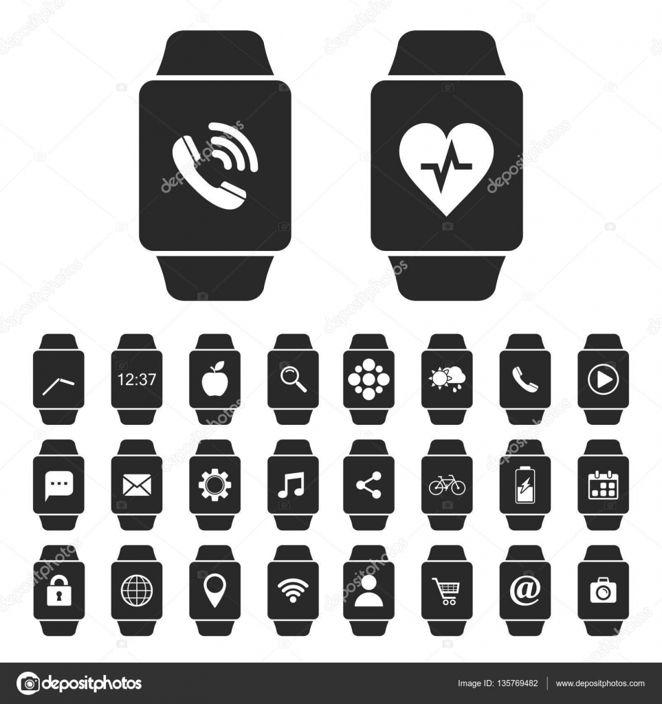 Smart watch icon set with apps. Different smart watch screens with ...
