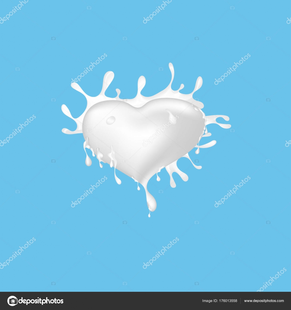 Vector of milk splash shape heart. Splash of milk on blue background ...