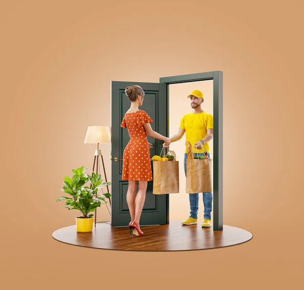 Unusual 3d illustration of a Young woman receiving bags with fresh food ...