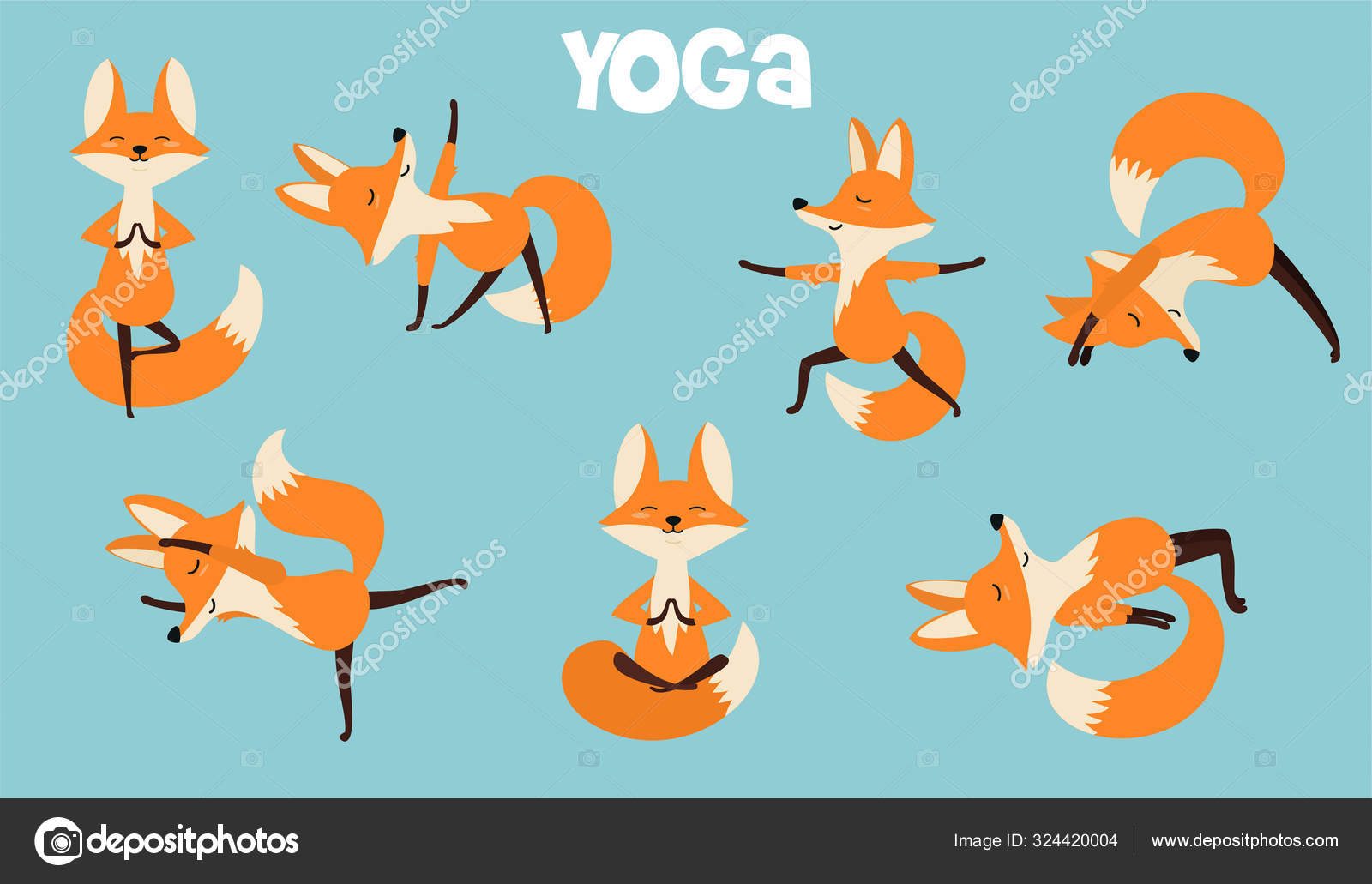 Set of stylish cartoon foxes in various poses of yoga. Vector ...