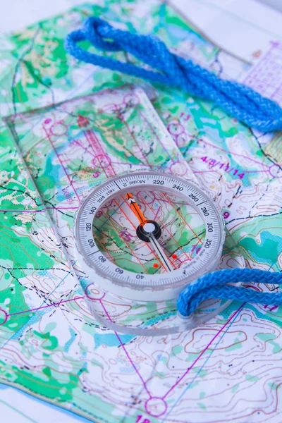 The compass lies on the map with a distance for orientation - Stock ...