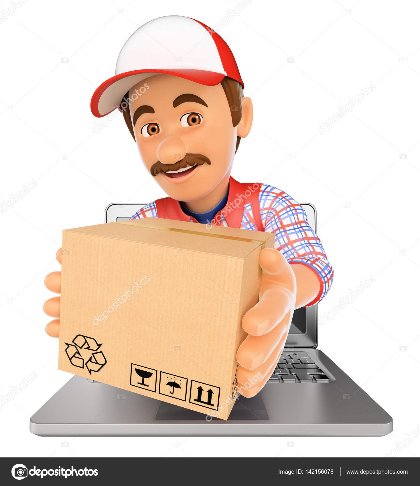3D Delivery man coming out a laptop screen with a package Stock ...