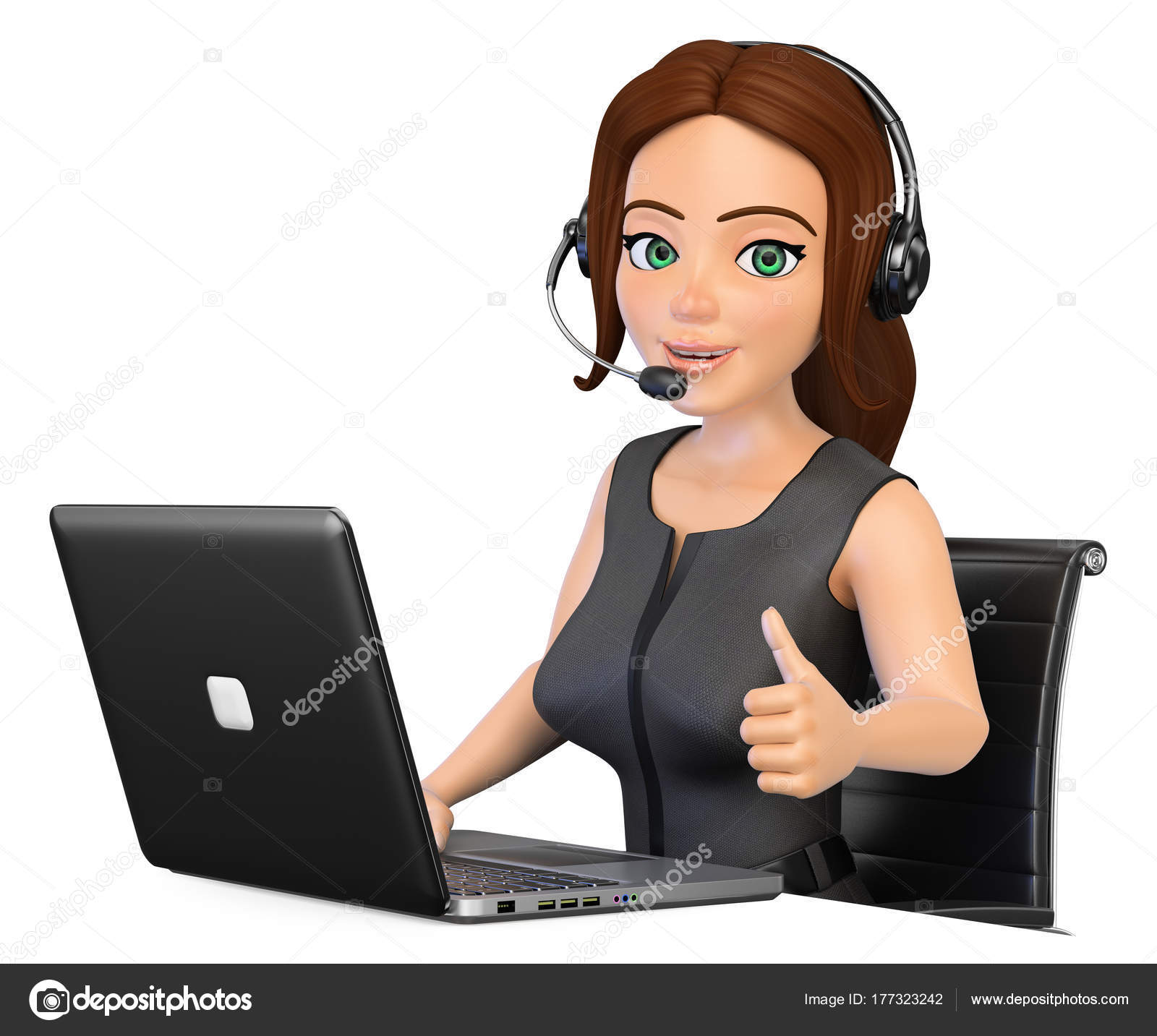 3D Call center operator working with a laptop and thumb up Stock ...
