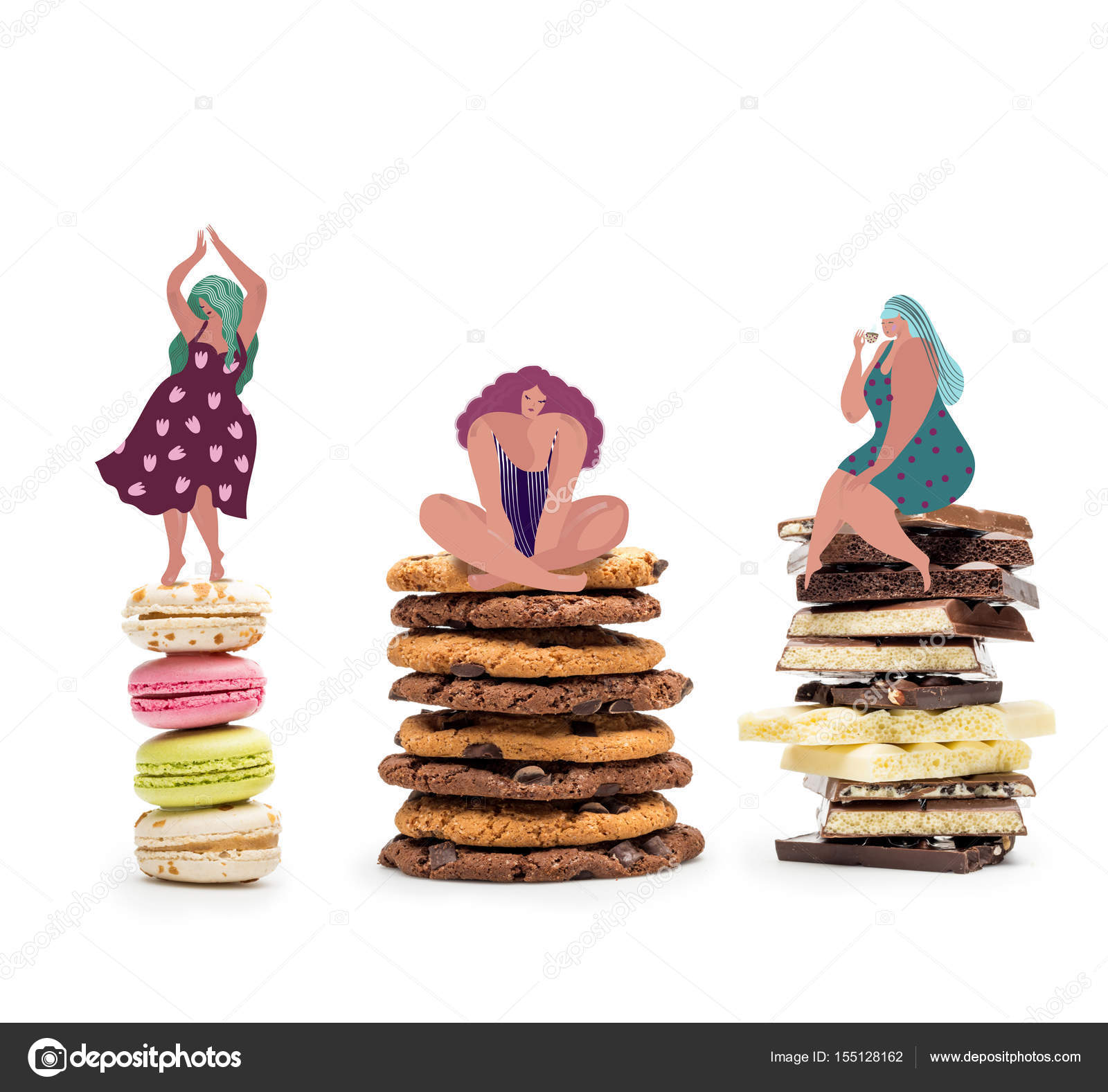 Fat women on piles of sweets — Stock Photo © IgorTishenko #155128162