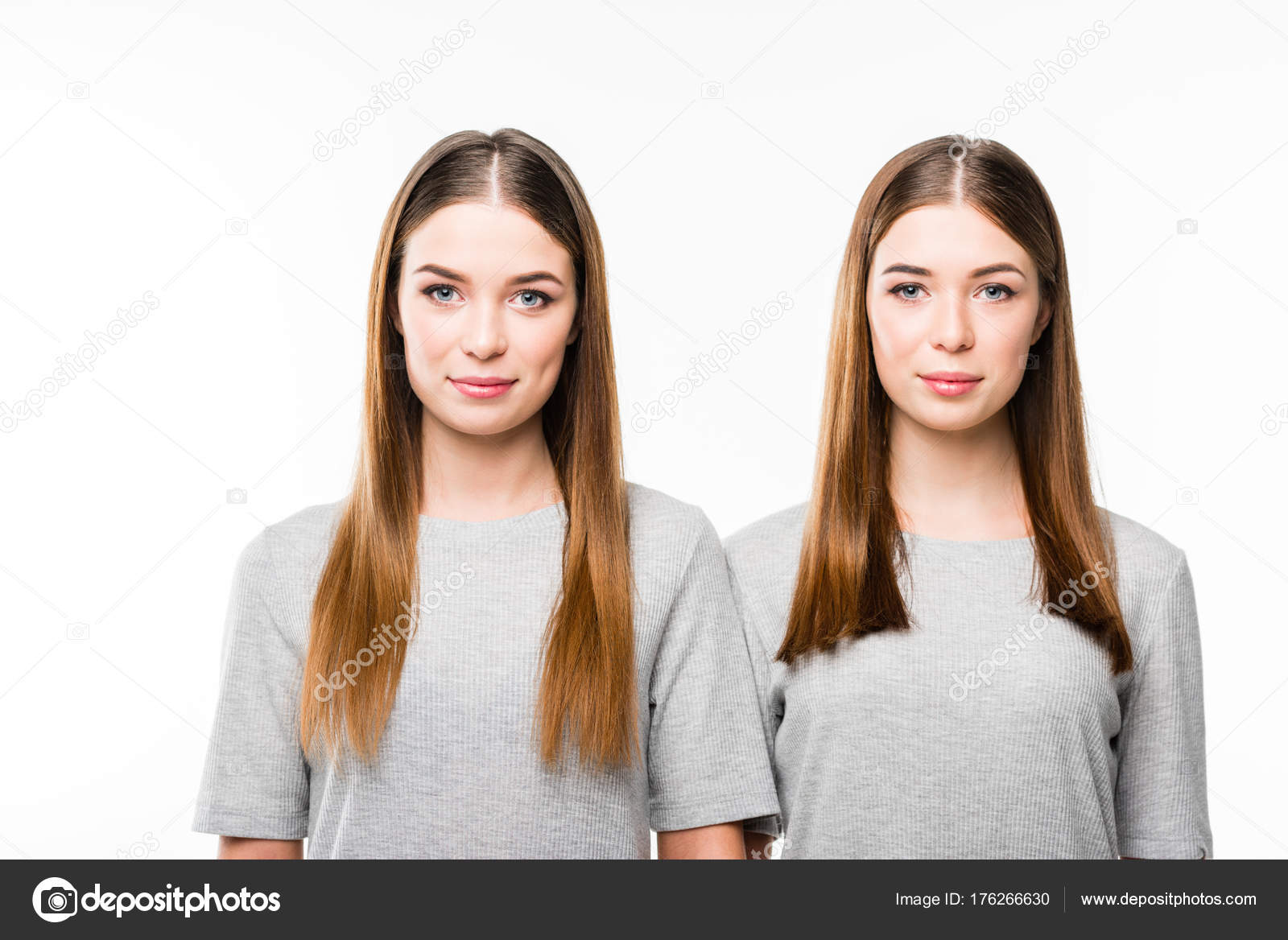 Portrait Young Smiling Twins Grey Tshirts Looking Camera Isolated White ...