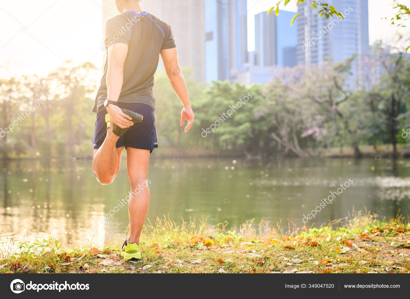 Back View Asia Man Runner Doing Stretching Exercise Warm Running ...