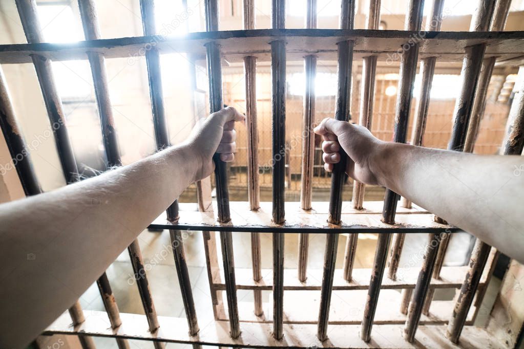 Prisoner Man Jail Holding Hand Prison Cell Grid — Stock Photo ...