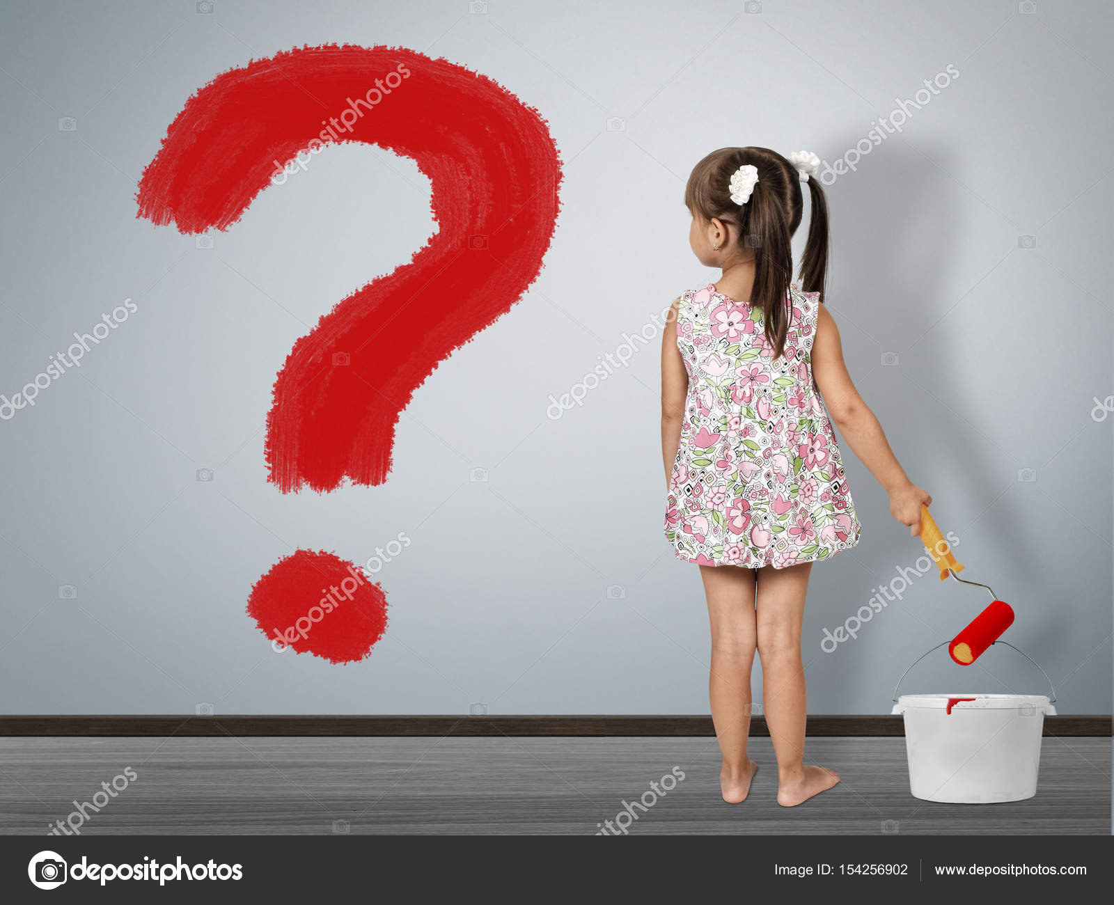 Kid question concept. Child girl draws question mark on wall — Stock ... Kid question concept. Child girl draws question mark on wall — Stock ...