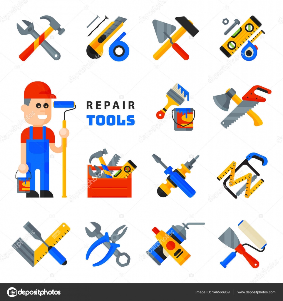 Home repair tools icons working construction equipment set and service ...