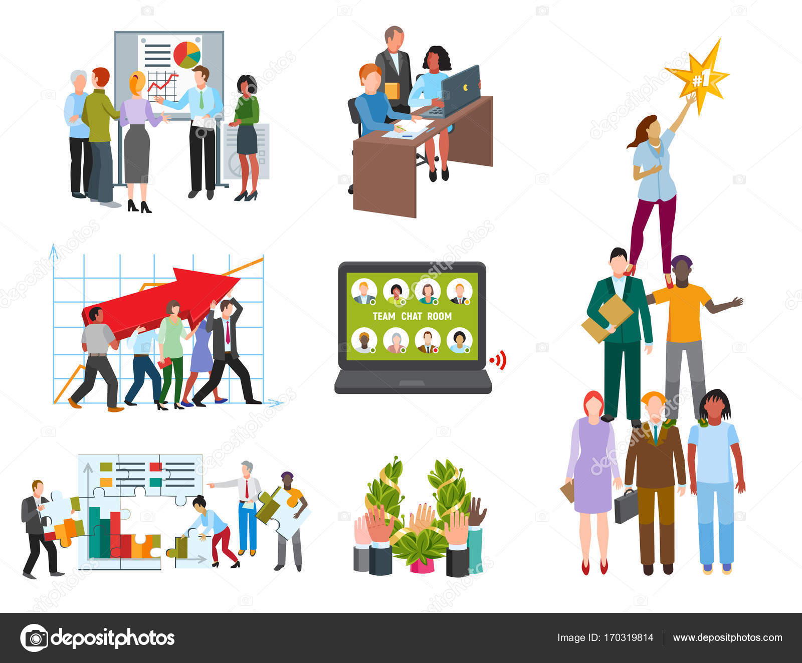 Team work people management business concept symbols flat colorful ...
