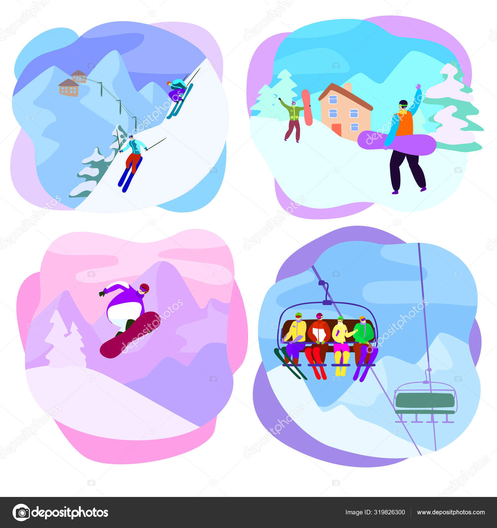 Ski resort vector active people characters skiing, snowboarding on ...