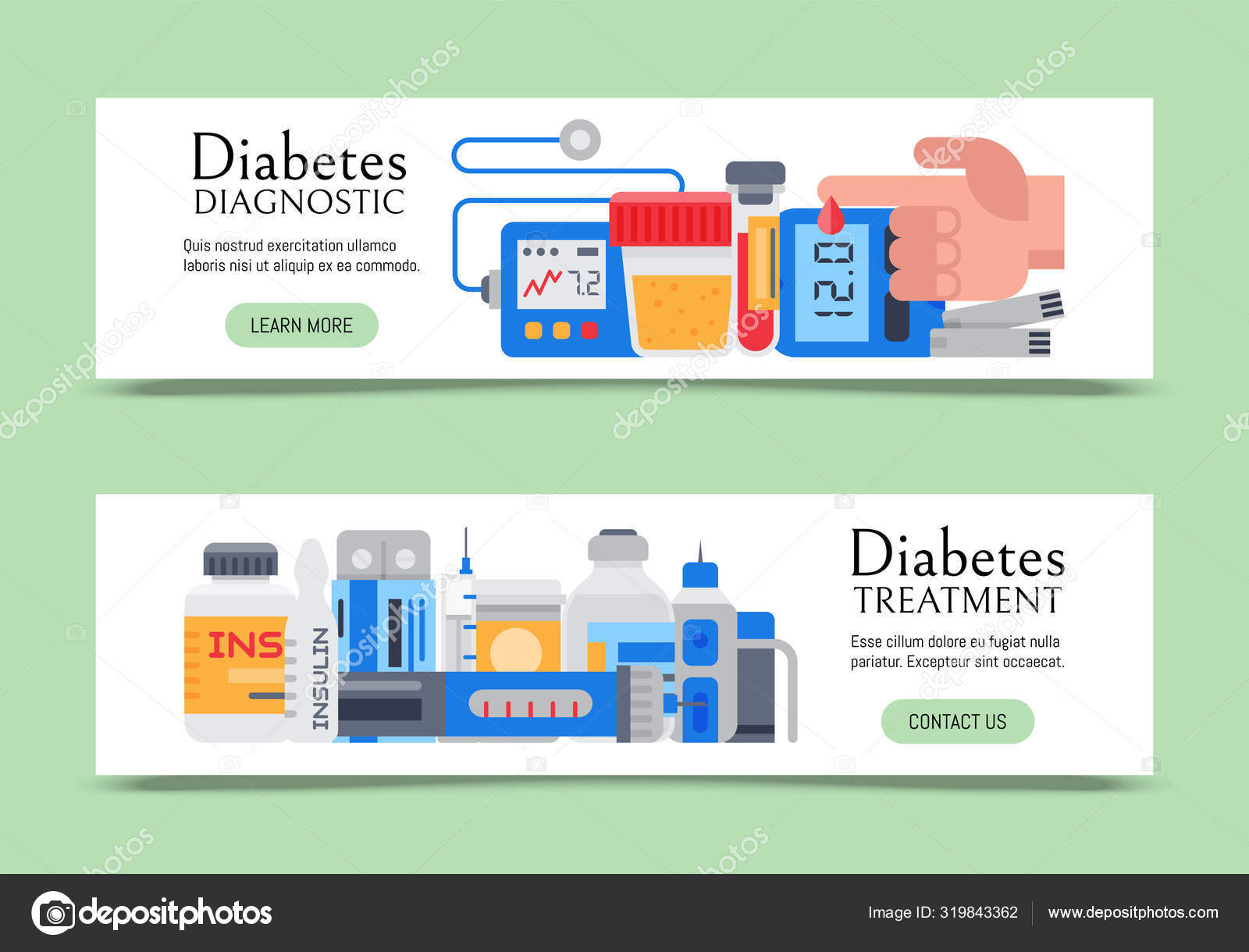 Diabetes Mellitus Care Web Banners Vector Illustration Doctor Cares