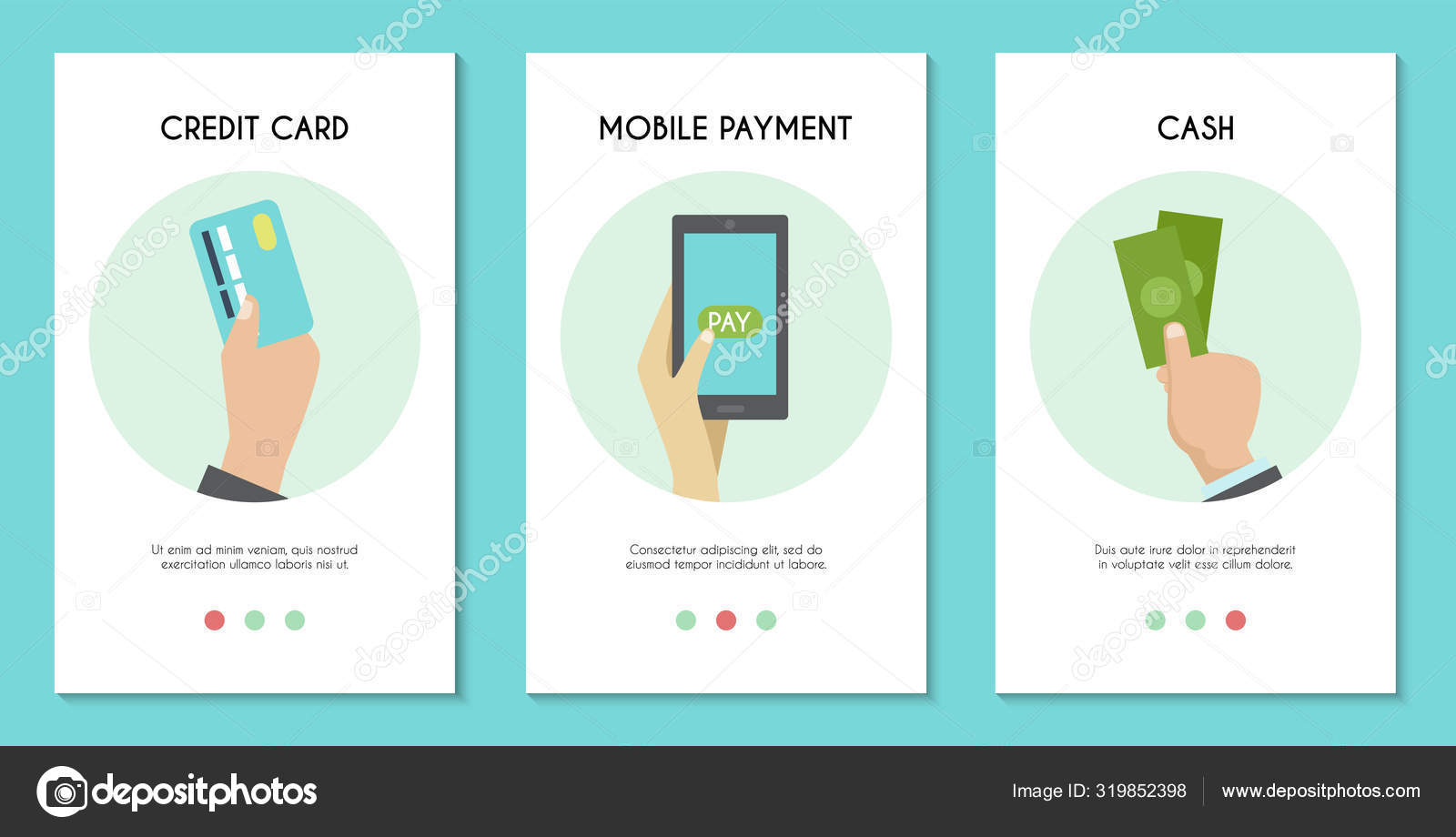 Different types of online payments. Credit cards payment, mobile phone ...