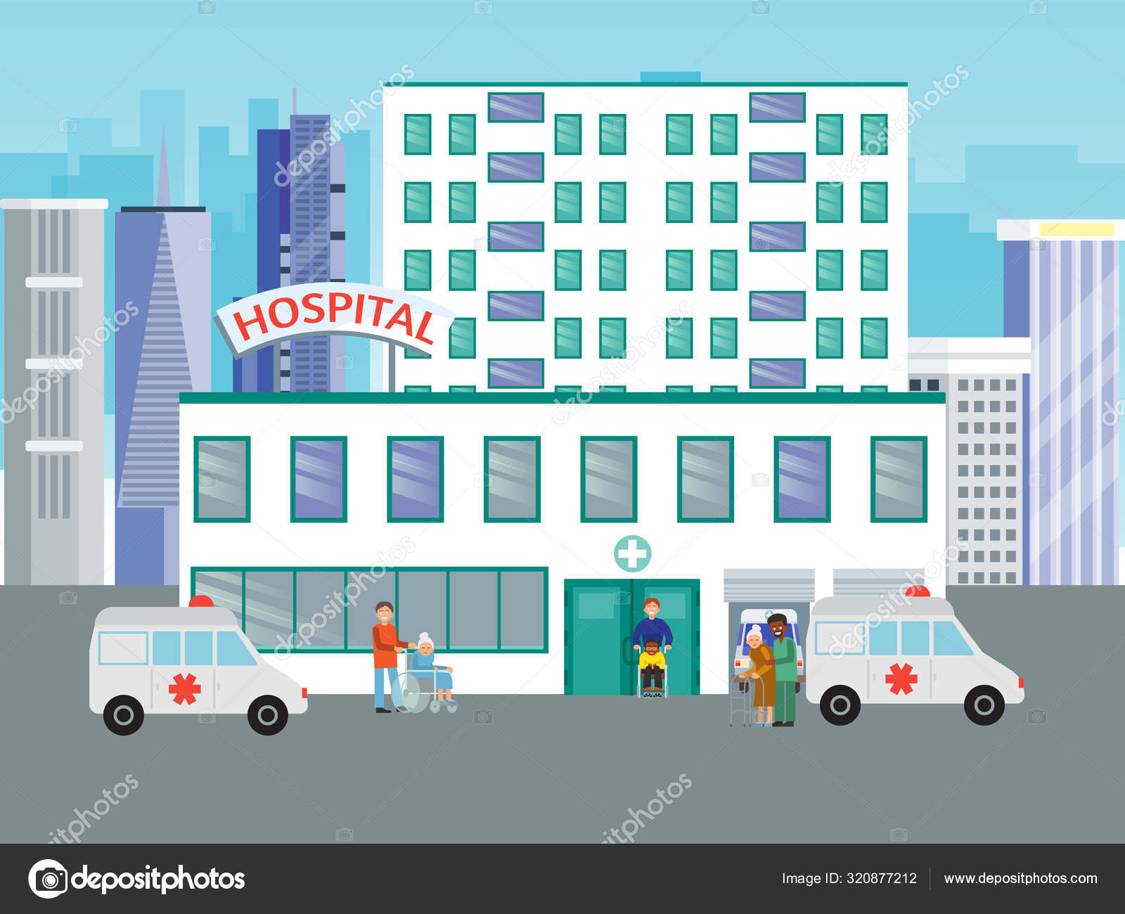 Hospital emergency building with ambulance vector illustration ...