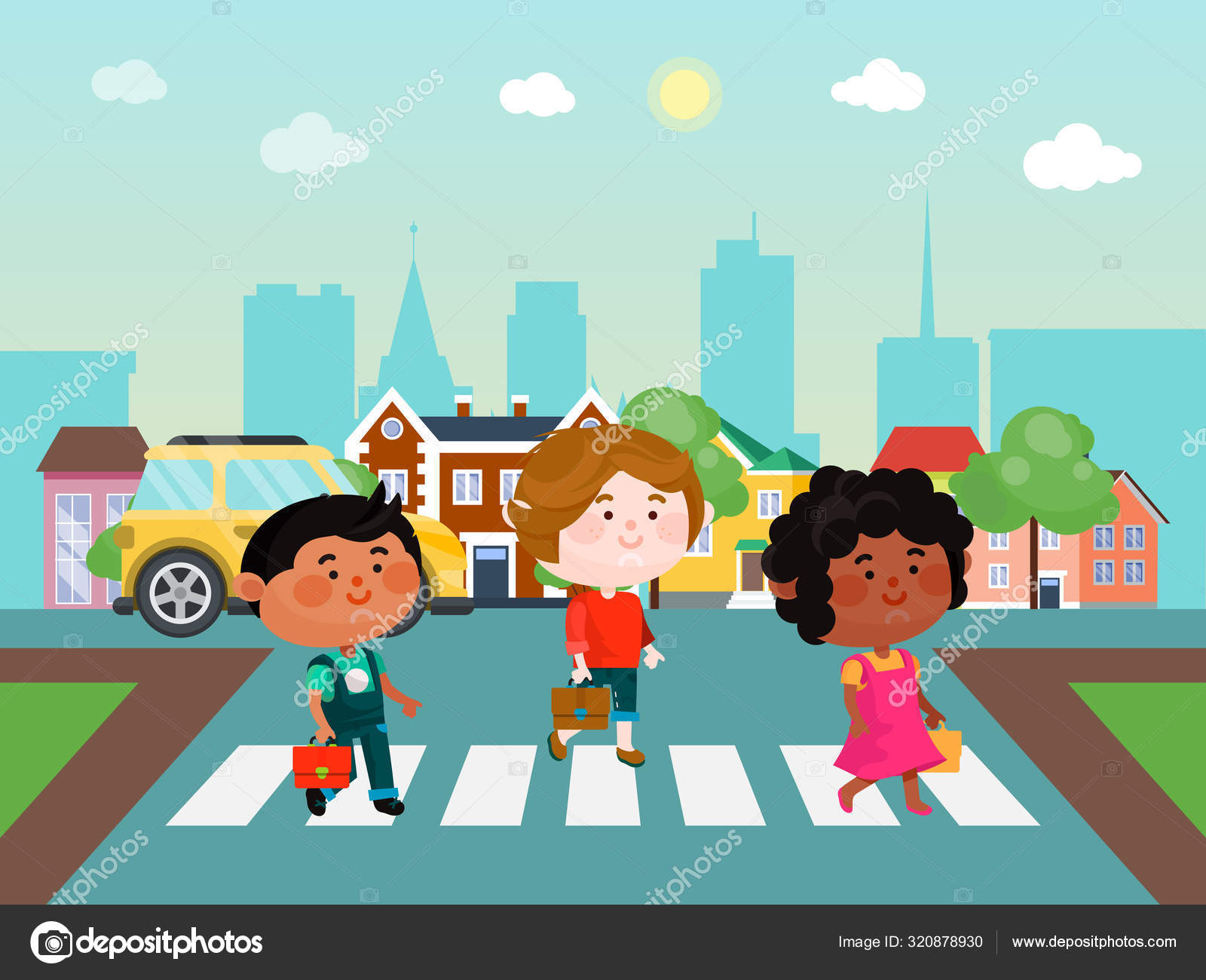 Kids crossing the street vector illustration. Children walking across ...