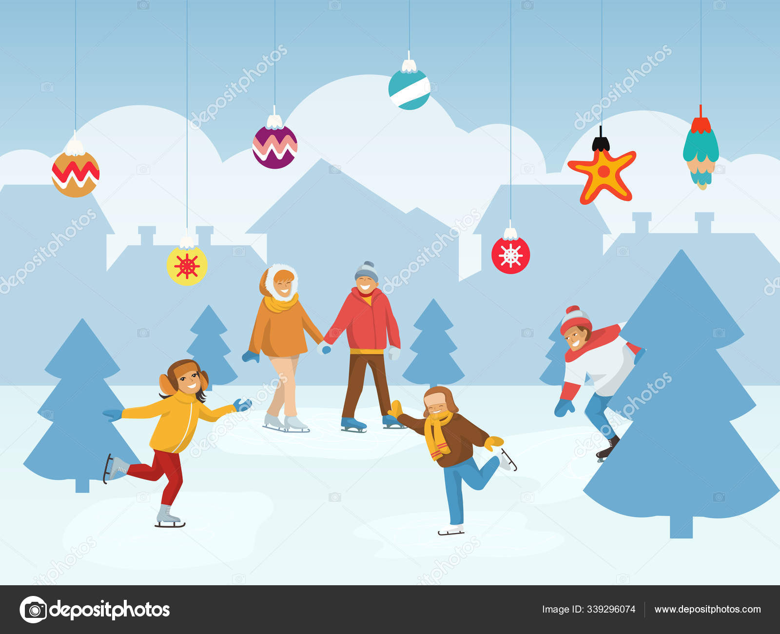 People skating ice rink vector illustration. Winter outdoor activities ...