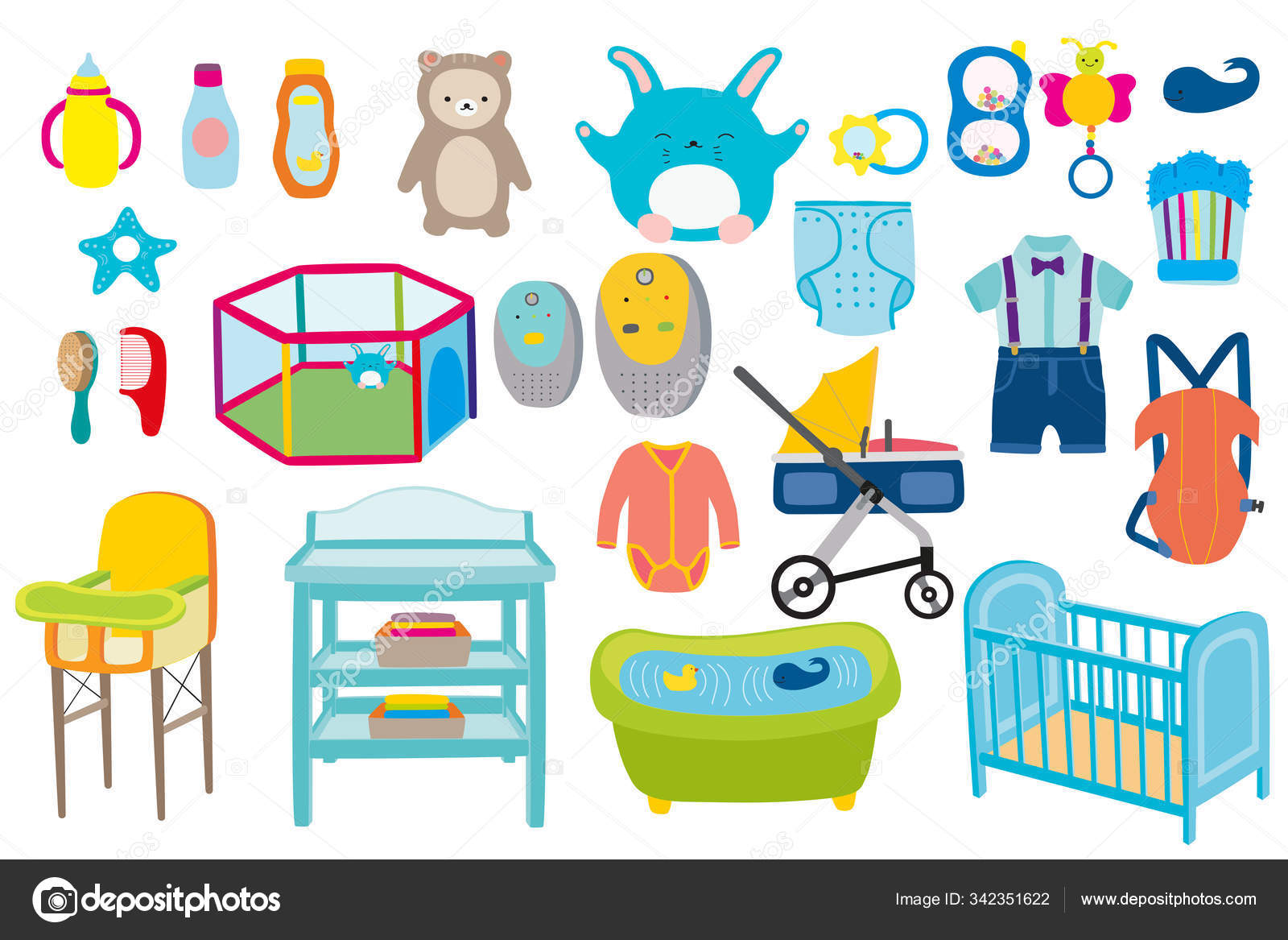 Baby boy kid kit vector illustration. Babies toys, clothes and bath ...