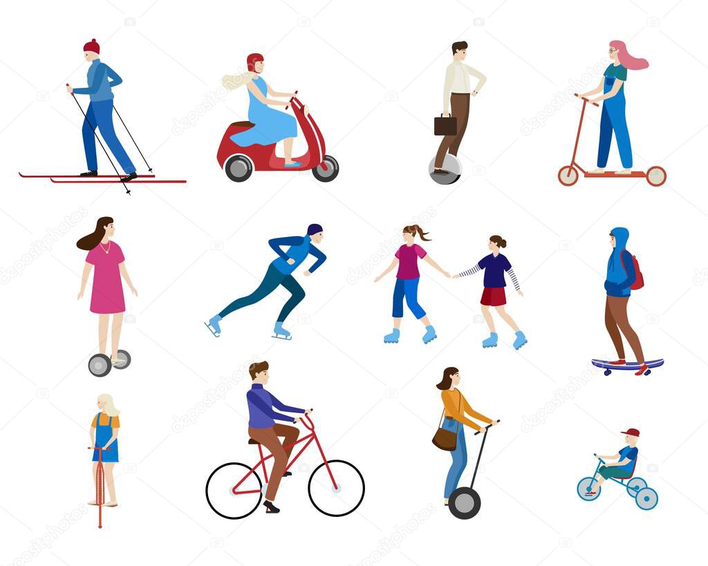 J venes montando scooter, patines en el transporte deportivo personaje al aire libre saludable ...