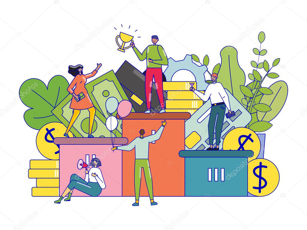 Concepto de éxito financiero, gente pequeña celebra la victoria, equipo ...