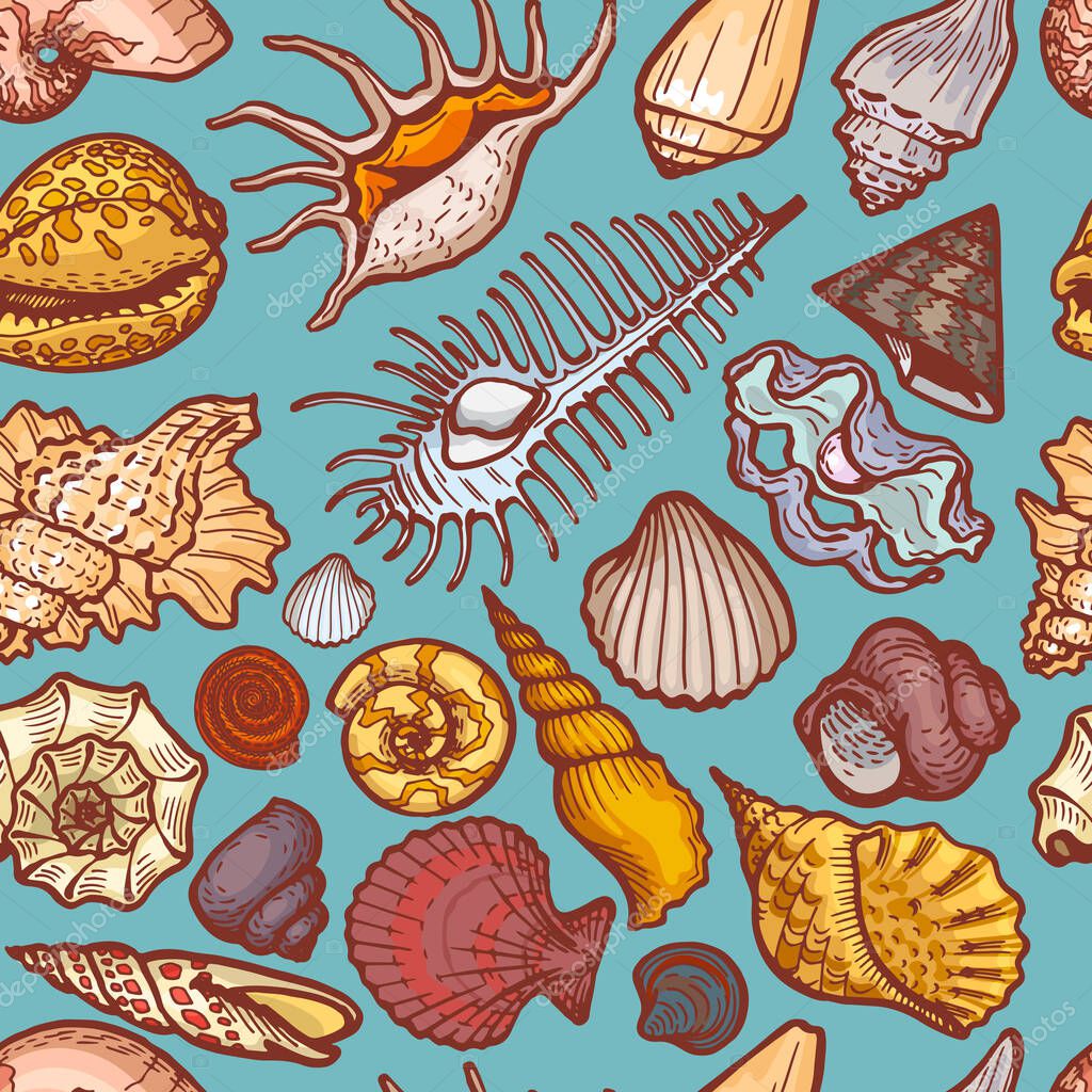 Ocean cockleshell and seashell seamless pattern concept banner, cartoon vector illustration. Mar ...