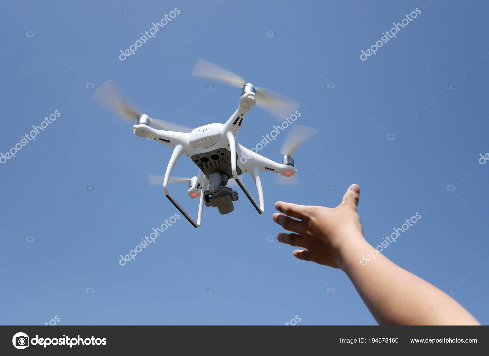 Hand Catching Drone Aircraft Blue Sky Background Camera Operator ...