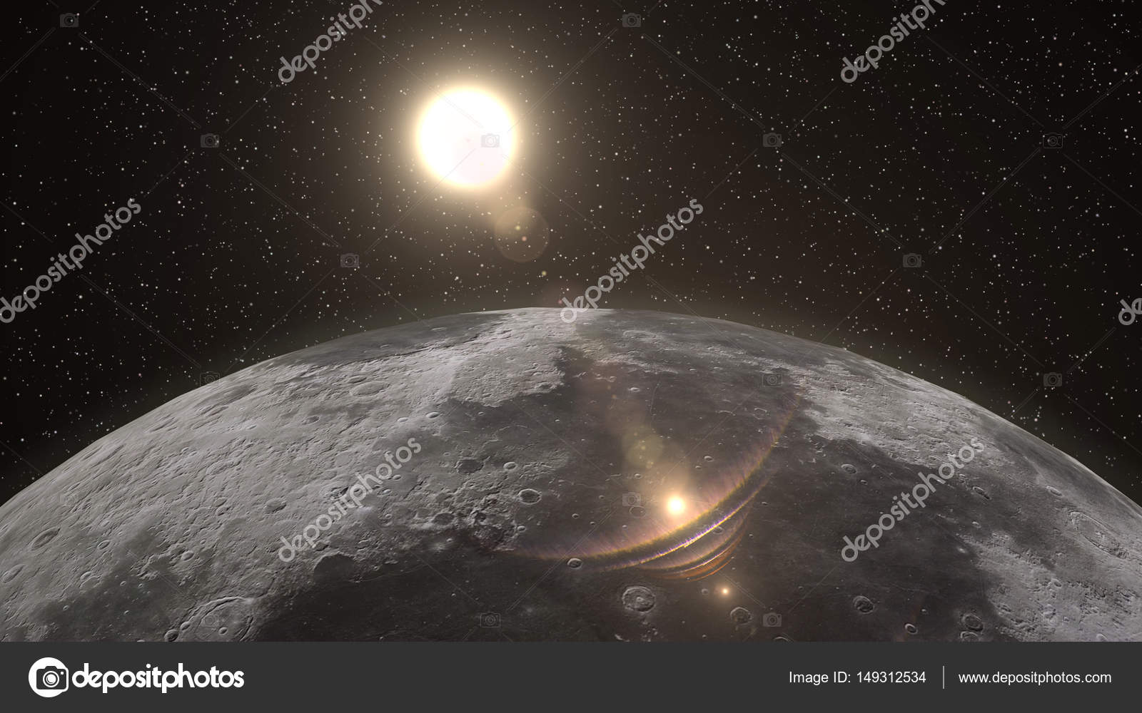 Sunrise over Moon horizon, fully lit surface — Stock Photo © Noedelhap ...